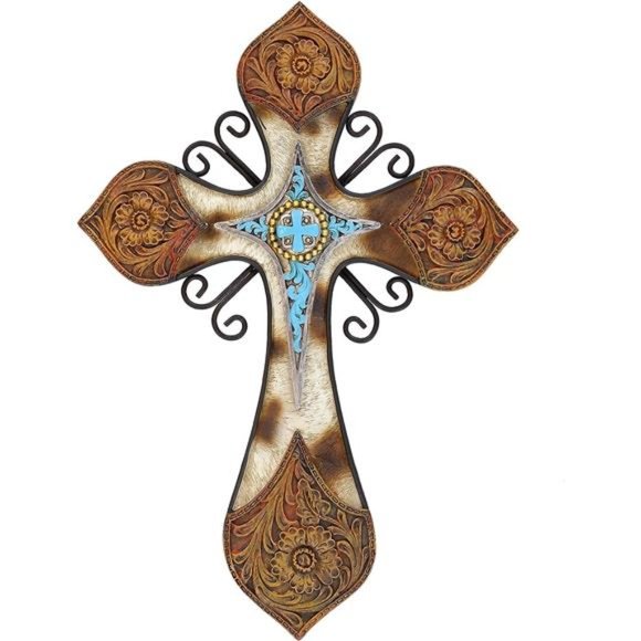 Holiday | Cowhide Tooled Leather Cross With Turquoise Layer In Resin ...